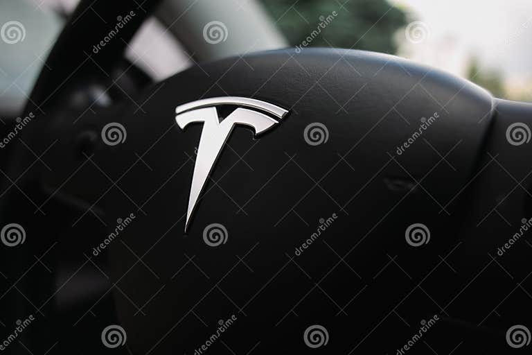 Tesla Model 3 Performance Logo on the Steering Wheel. Editorial Stock ...