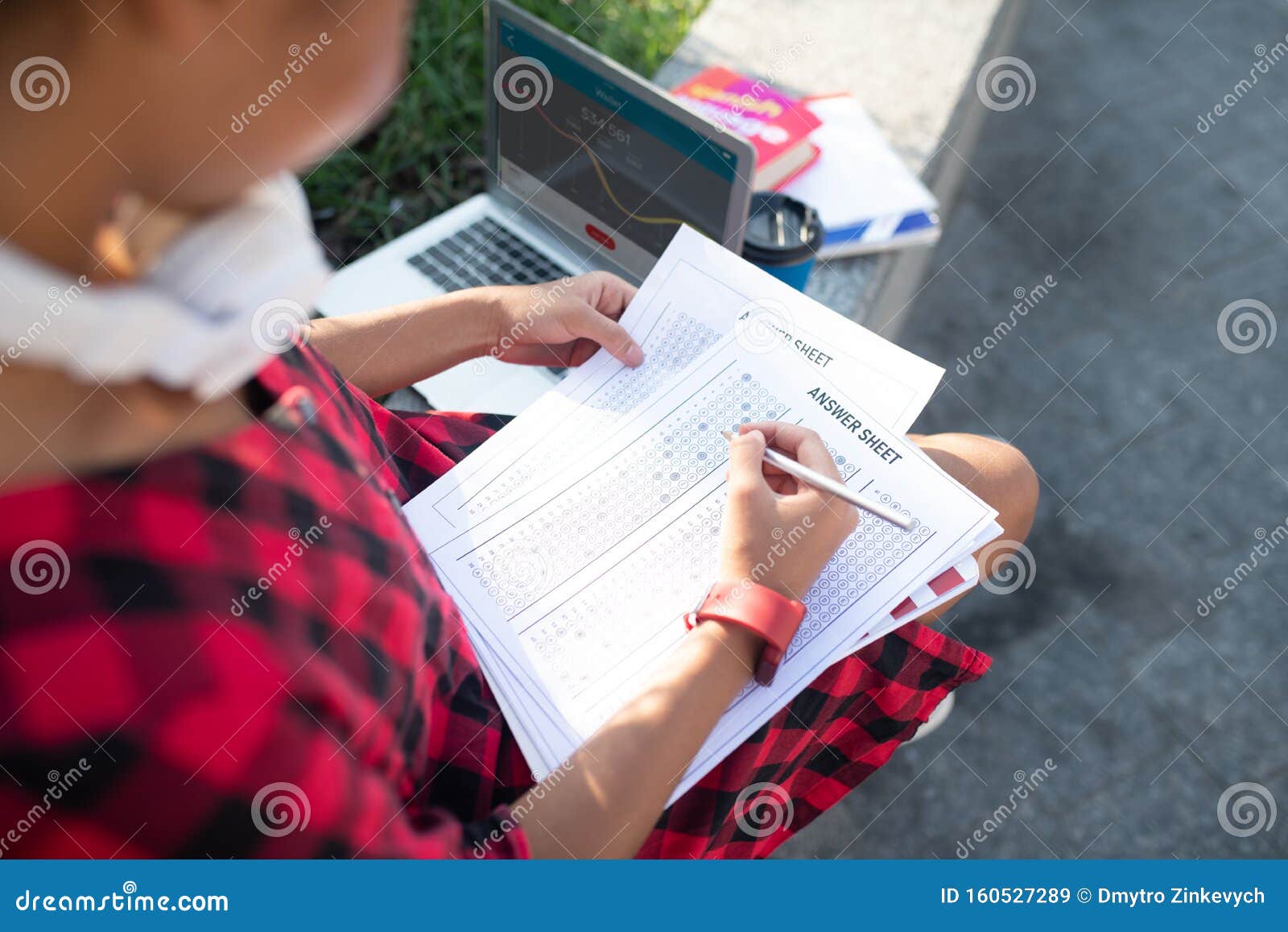 Top View of Student Wearing Smart Watch Preparing for Test Stock Image ...