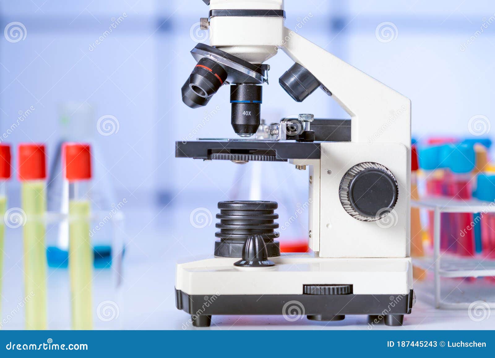 Test Tubes and Flasks and Microscope in a Chemical Laboratory Stock ...