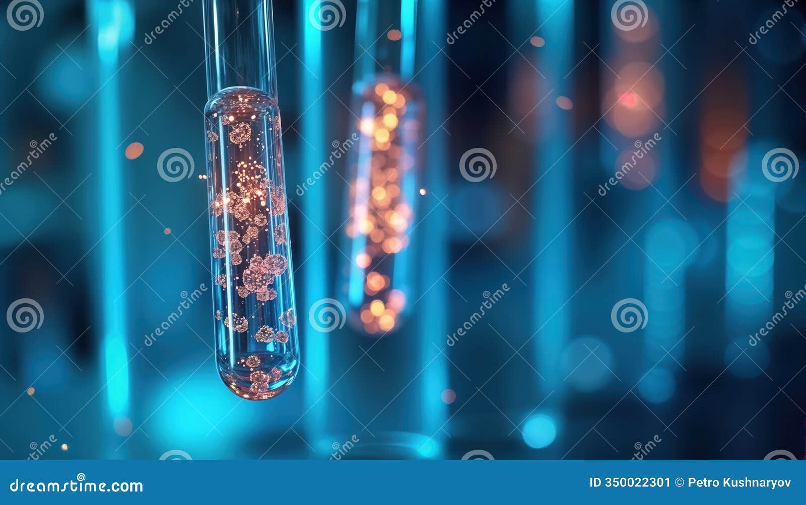 Test Tubes with Glowing Particles Suspended in Liquid. Modern Tech Lab ...
