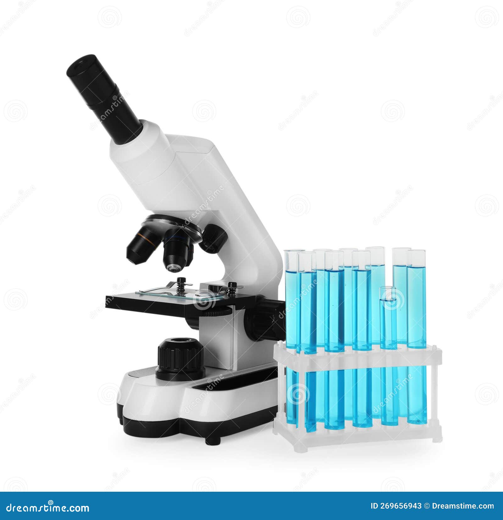 Test Tubes with Light Blue Liquid and Microscope Isolated on White ...