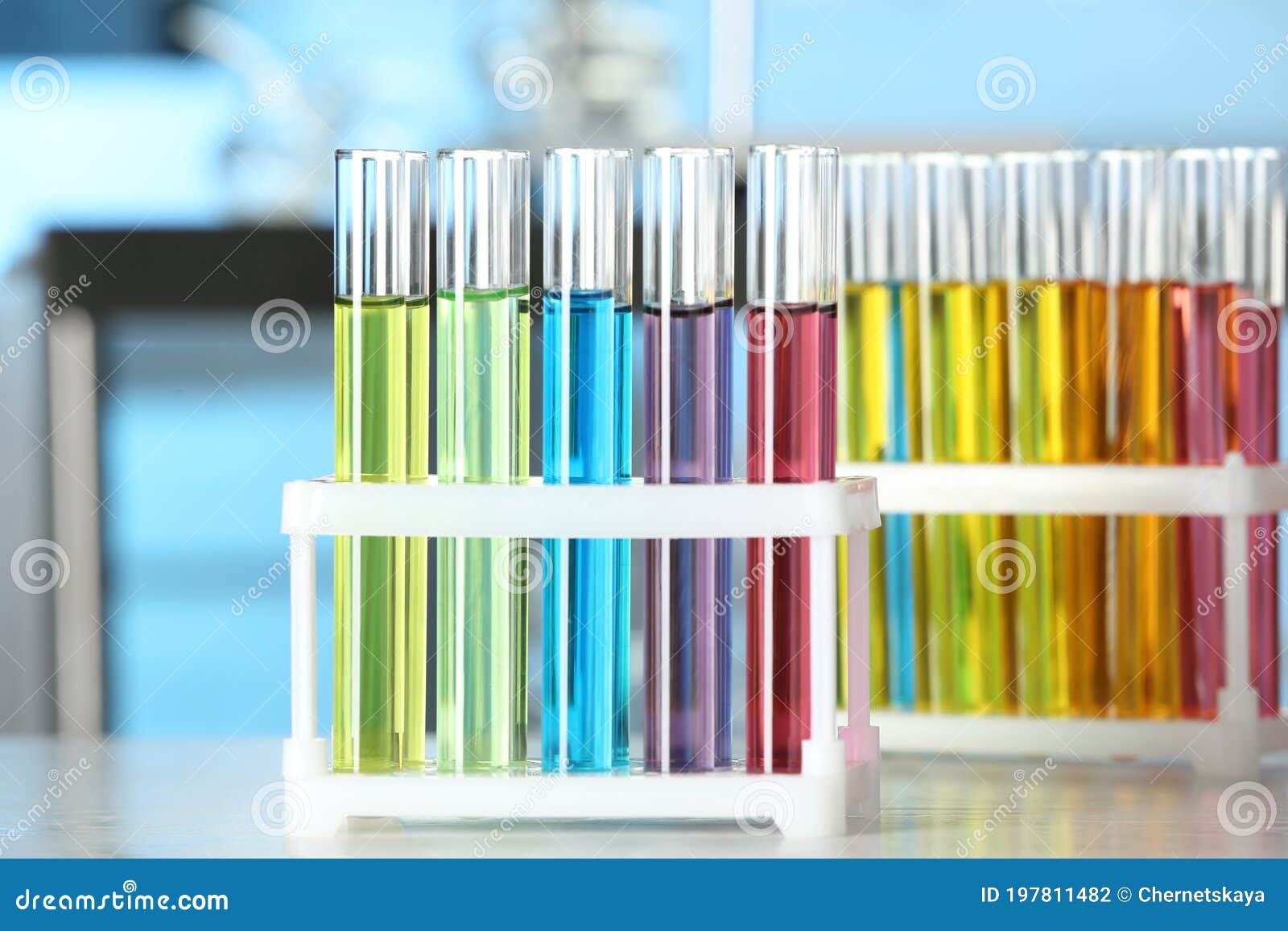 Test Tubes with Liquid Samples on Table. Laboratory Analysis Stock ...