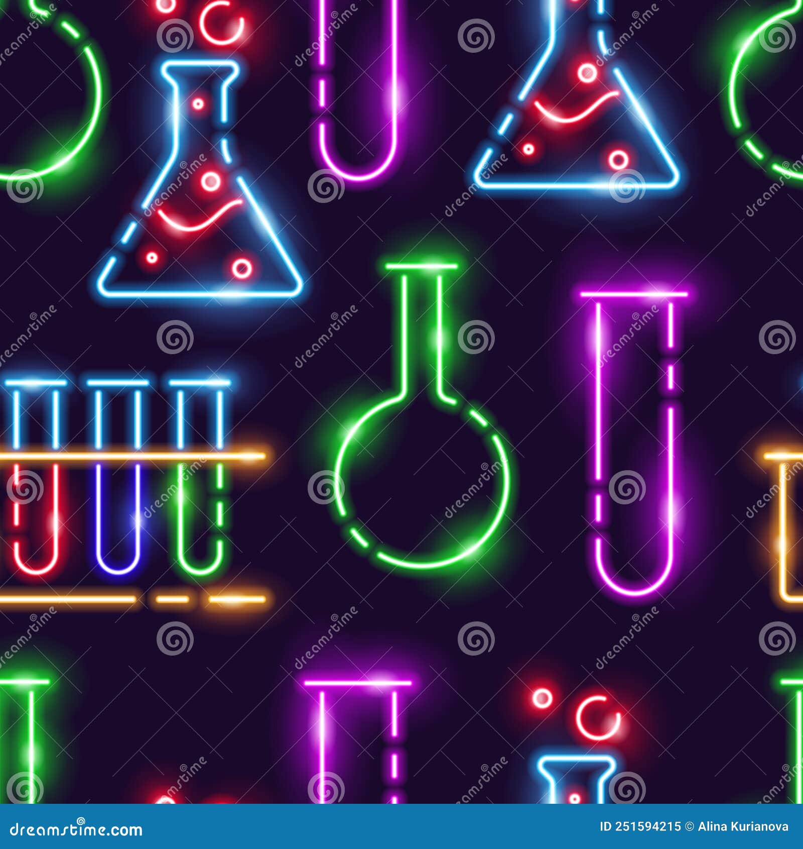Test Tubes Neon Seamless Pattern. Vector Background with Laboratory ...