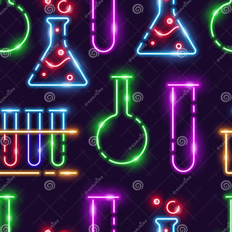 Test Tubes Neon Seamless Pattern. Vector Background with Laboratory ...