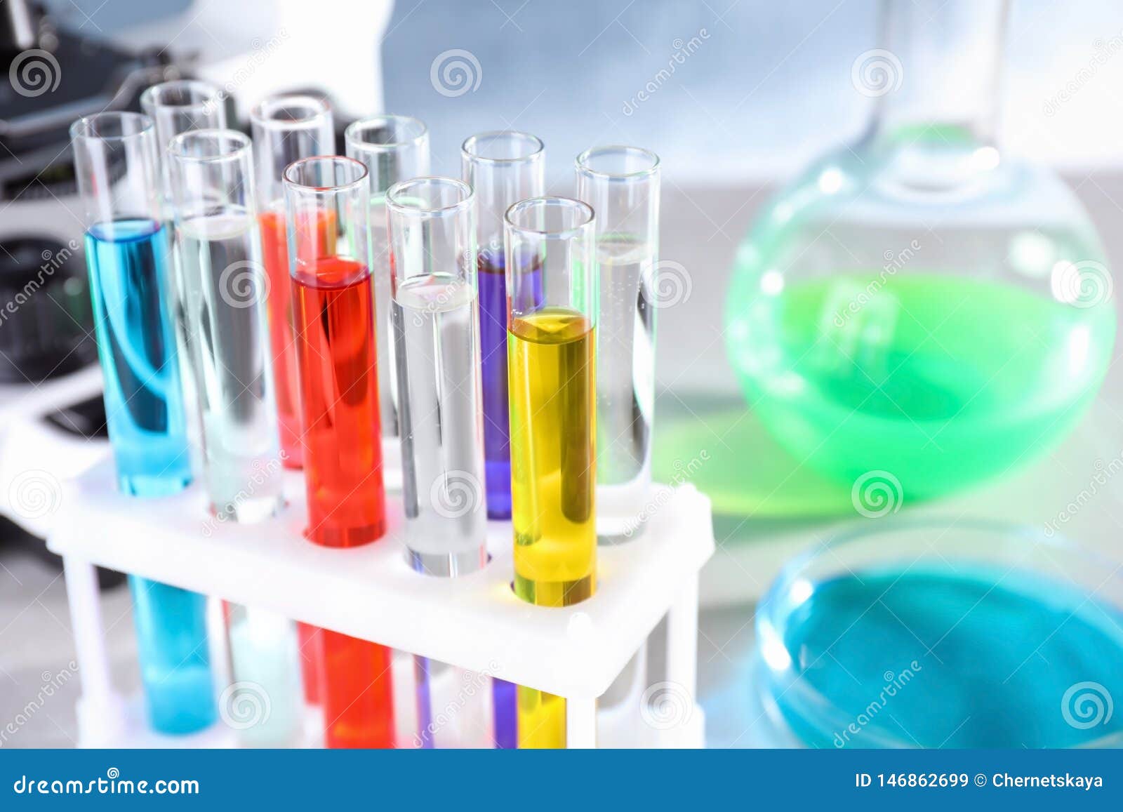 Test Tubes with Samples in Rack on Table at Chemistry Laboratory Stock ...
