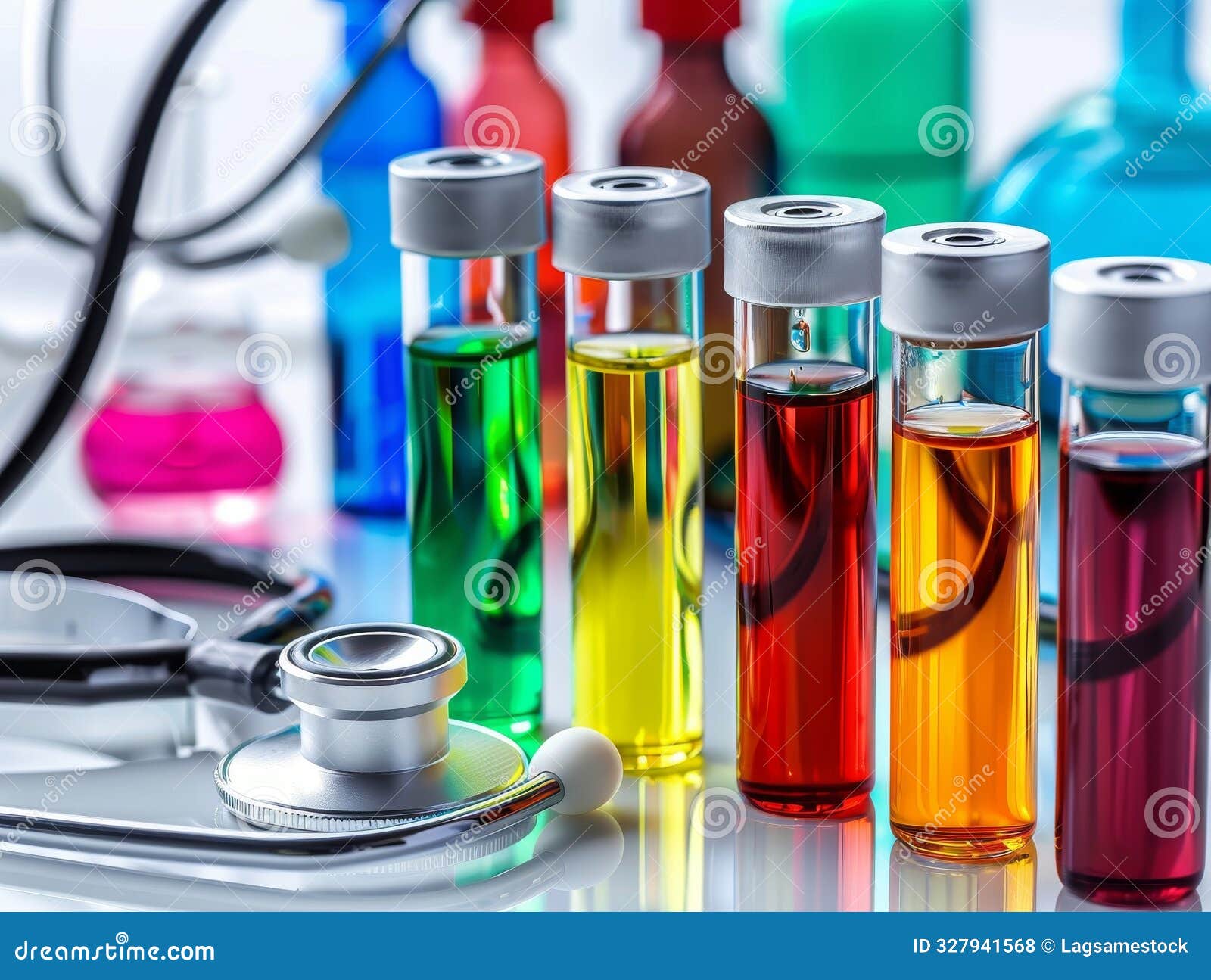 Test Tubes and Solutions with Stethoscope Backdrop in a Lab Setting ...
