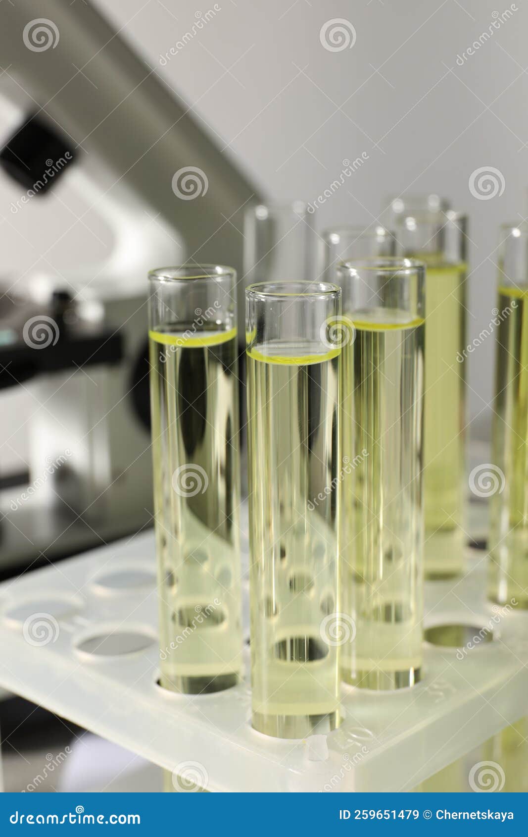 Test Tubes with Urine Samples for Analysis in Holder Near Microscope ...