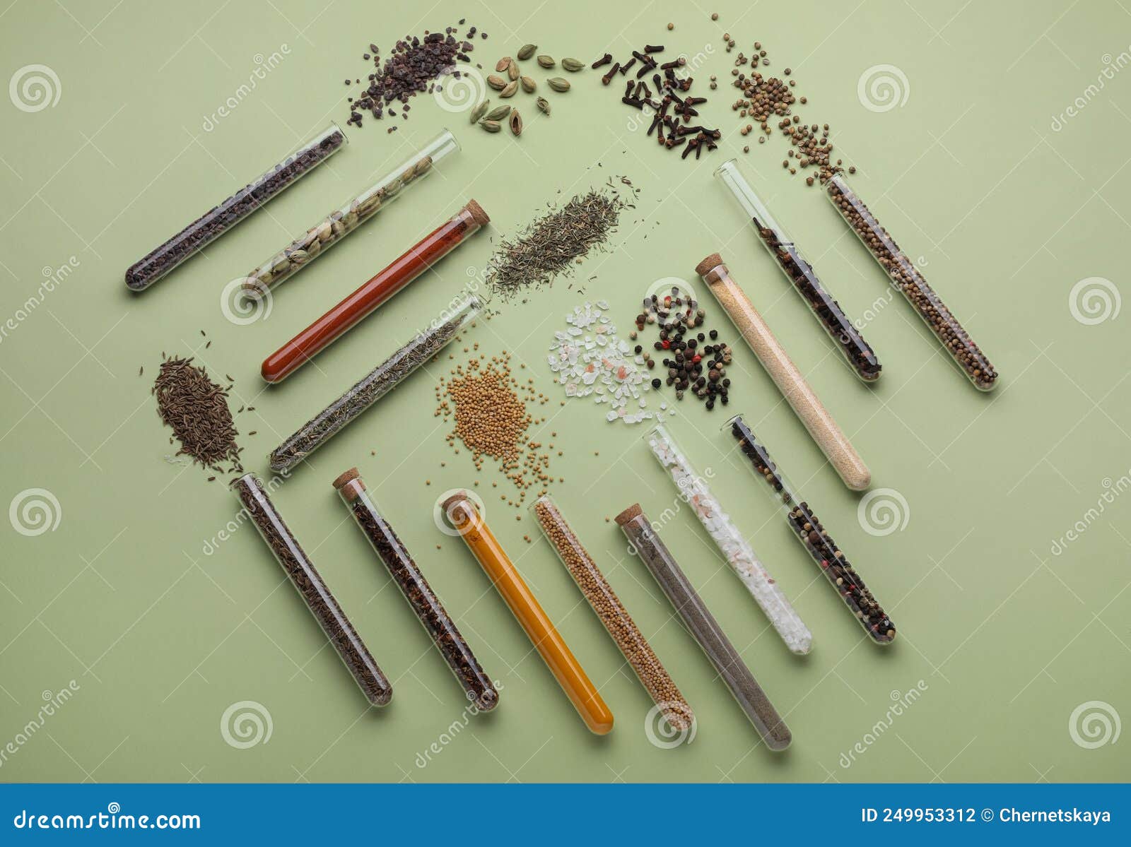 Test Tubes with Various Spices on Pale Green Background, Flat Lay Stock ...