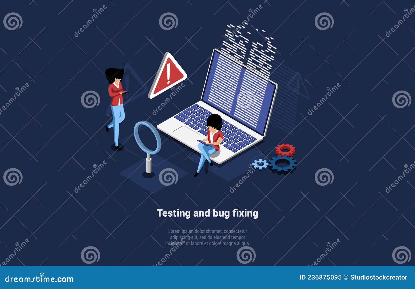 Testing and Bug Fixing Vector Illustration in Cartoon 3D Style on Dark ...