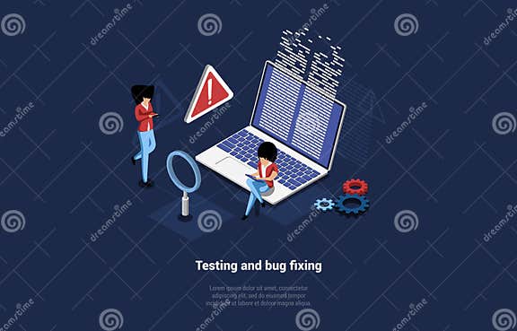 Testing and Bug Fixing Vector Illustration in Cartoon 3D Style on Dark ...