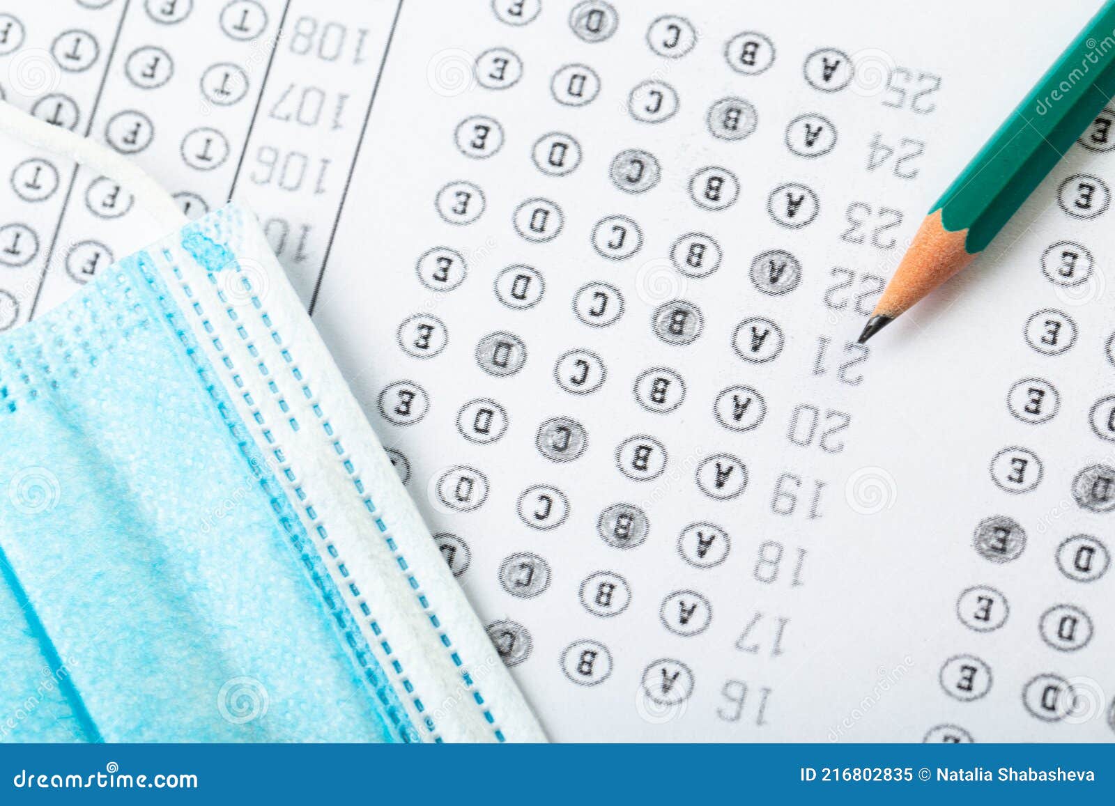 Testing in Exercise and Examination Work. Blue Medical Mask, Sheet with ...