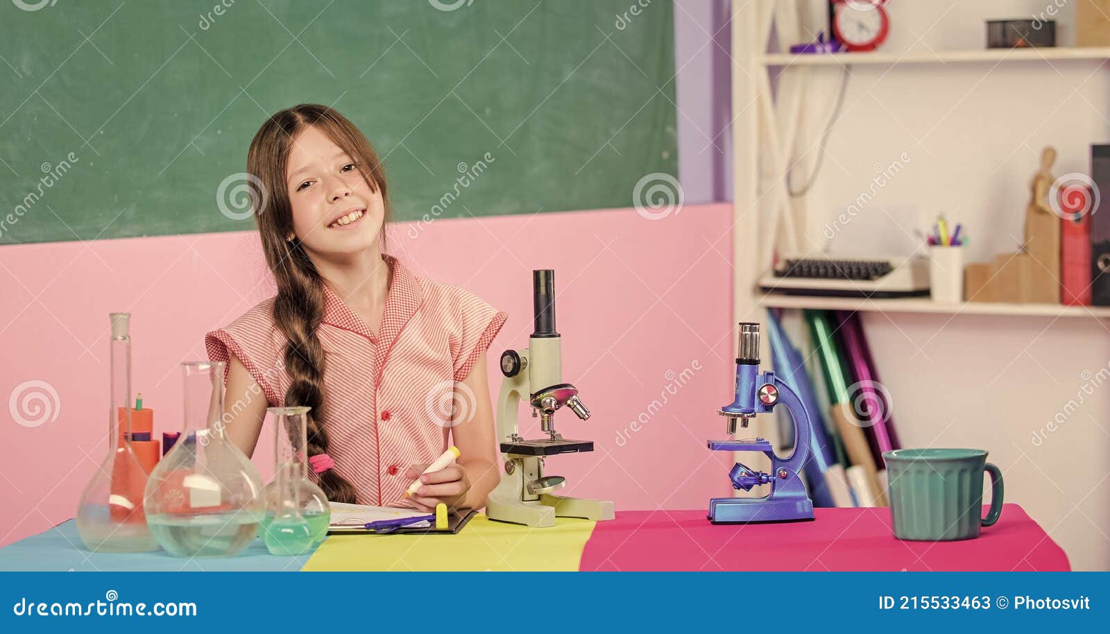 Testing Samples. Small Girl with Lab Flask. Science Lesson with ...