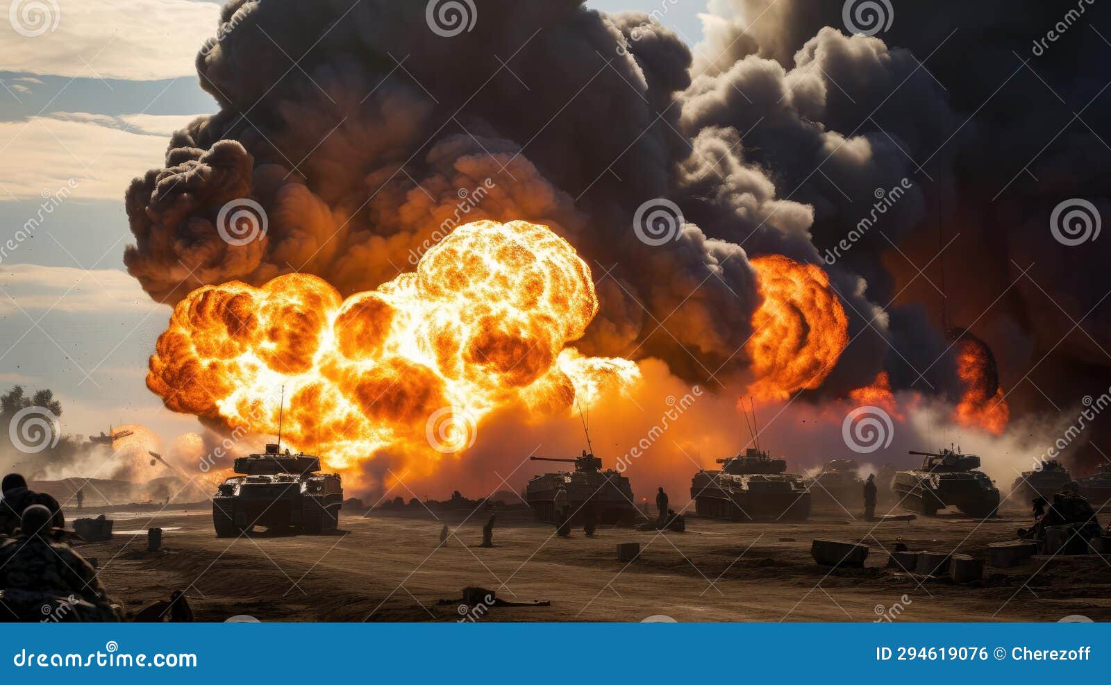 Tests of Modern Weapons, Explosions on the Battlefield Stock ...