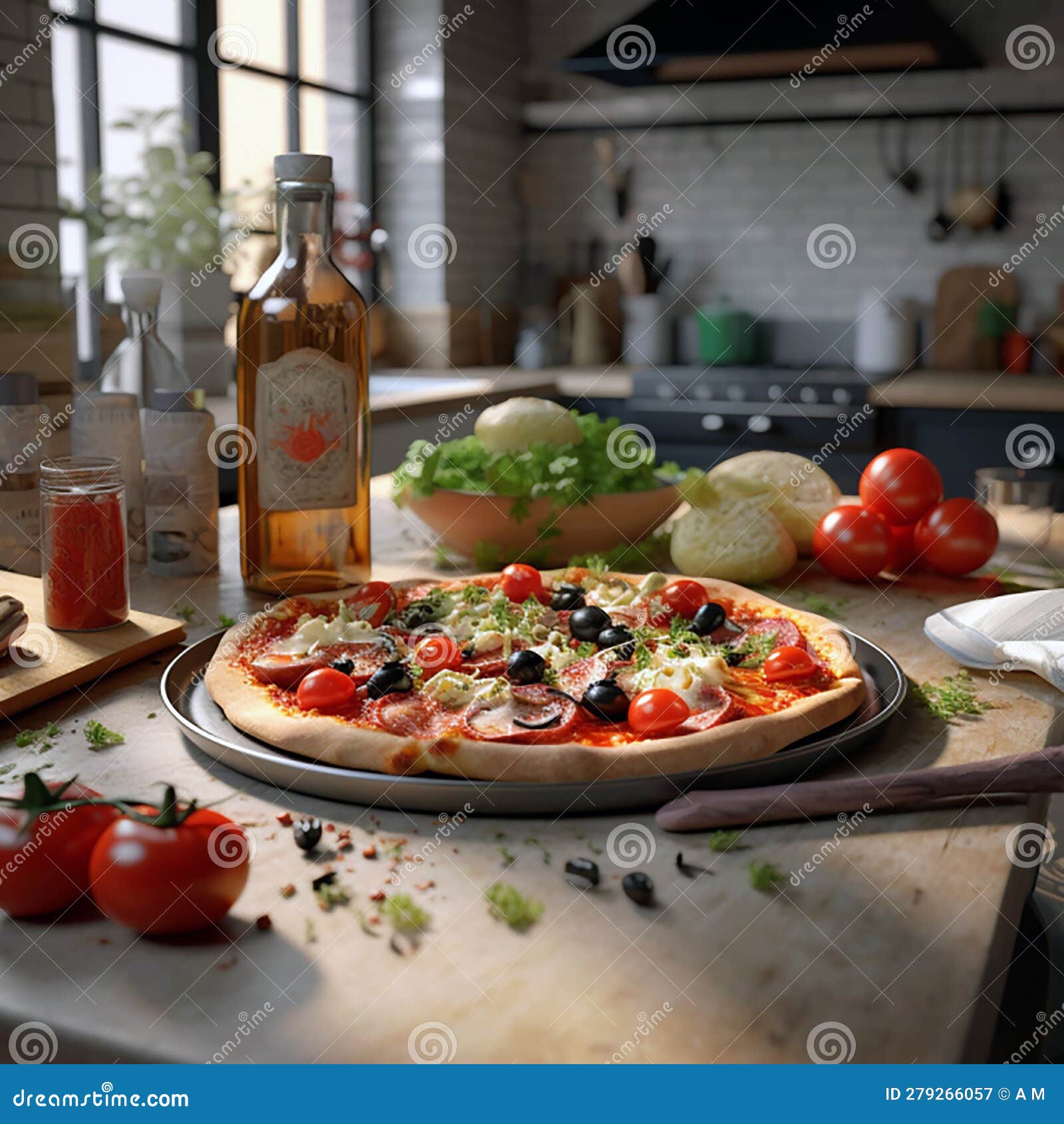 Testy Pizza on Kitchen Table Against Sun Light Rays Window Surround by ...