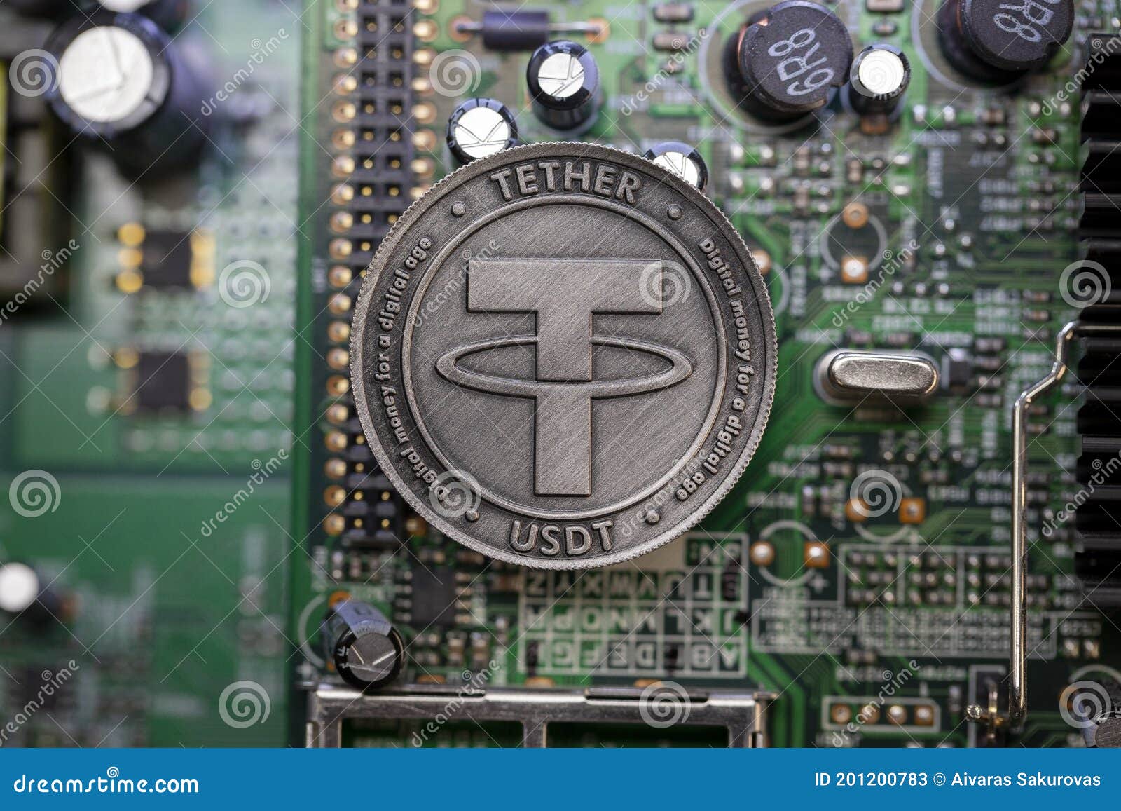 Tether USDT Cryptocurrency Physical Coin Placed on Computer Micro Sheme ...