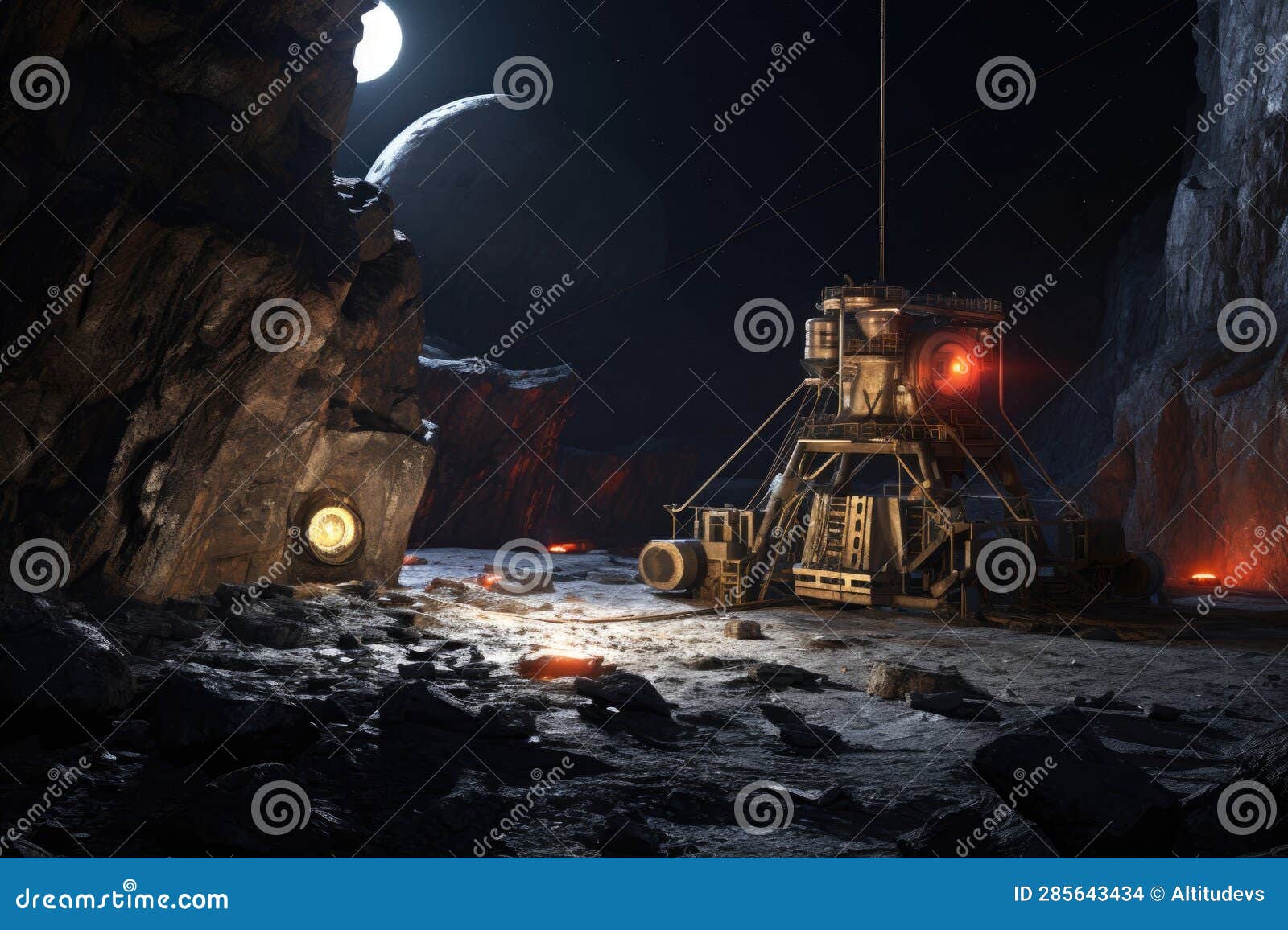 Tethered Mining Robots Working On Asteroid Surface Royalty Free Stock