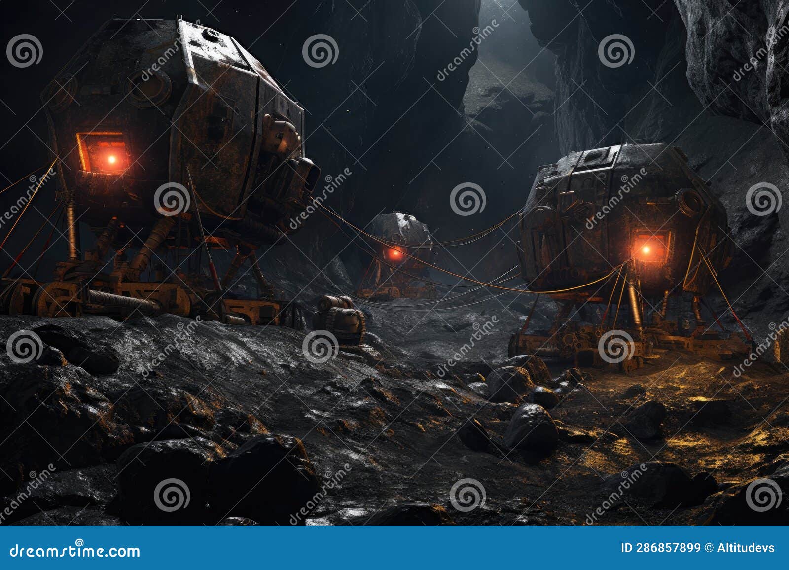 Tethered Mining Robots Working On Asteroid Surface Stock Illustration