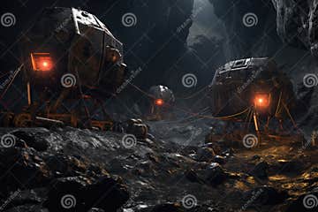 Tethered Mining Robots Working on Asteroid Surface Stock Image - Image ...