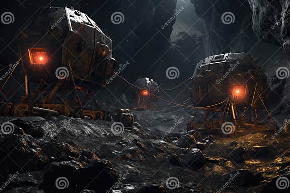 Tethered Mining Robots Working on Asteroid Surface Stock Image - Image ...