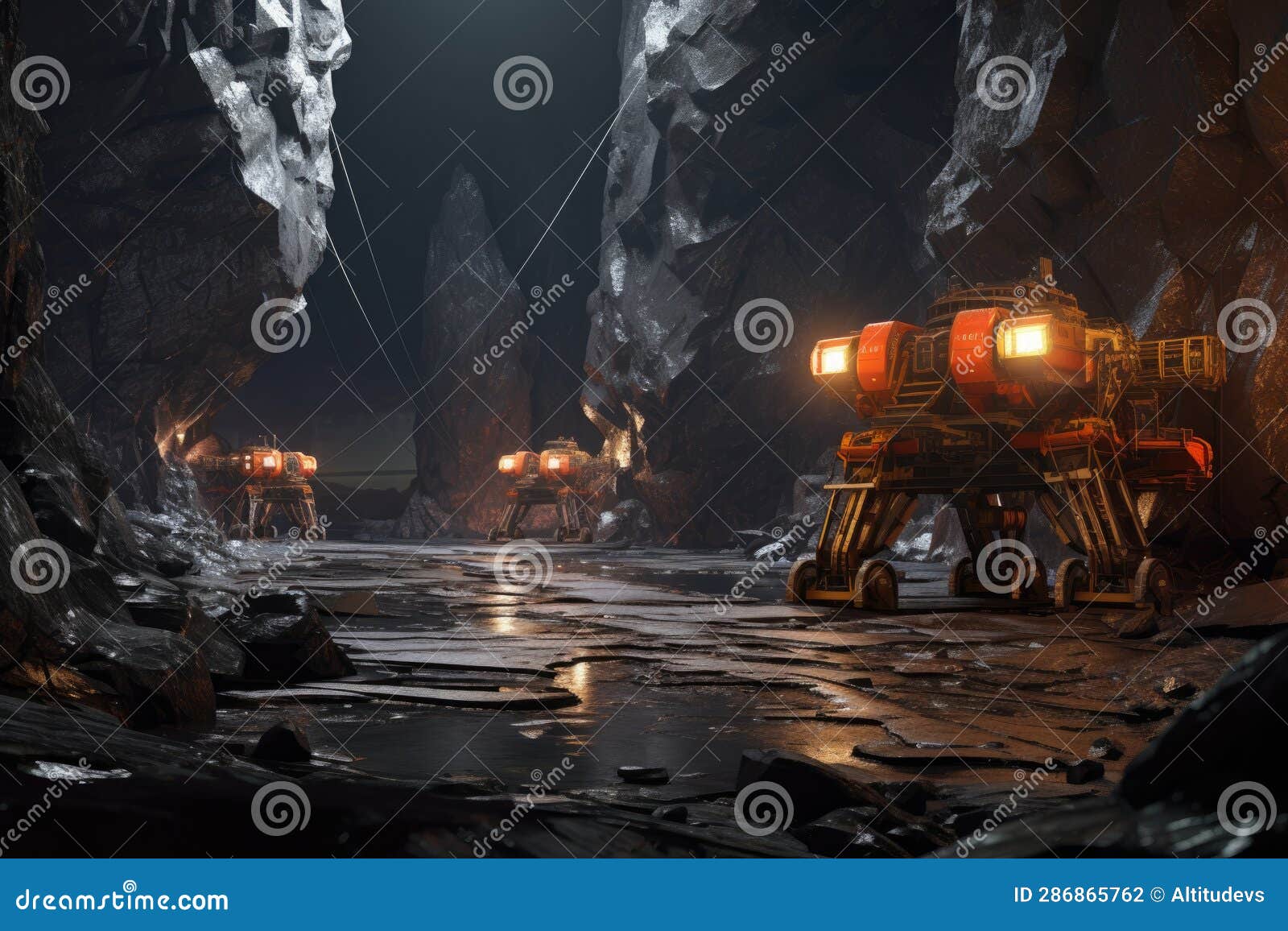 Tethered Mining Robots Working On Asteroid Surface Stock Illustration Illustration Of Future