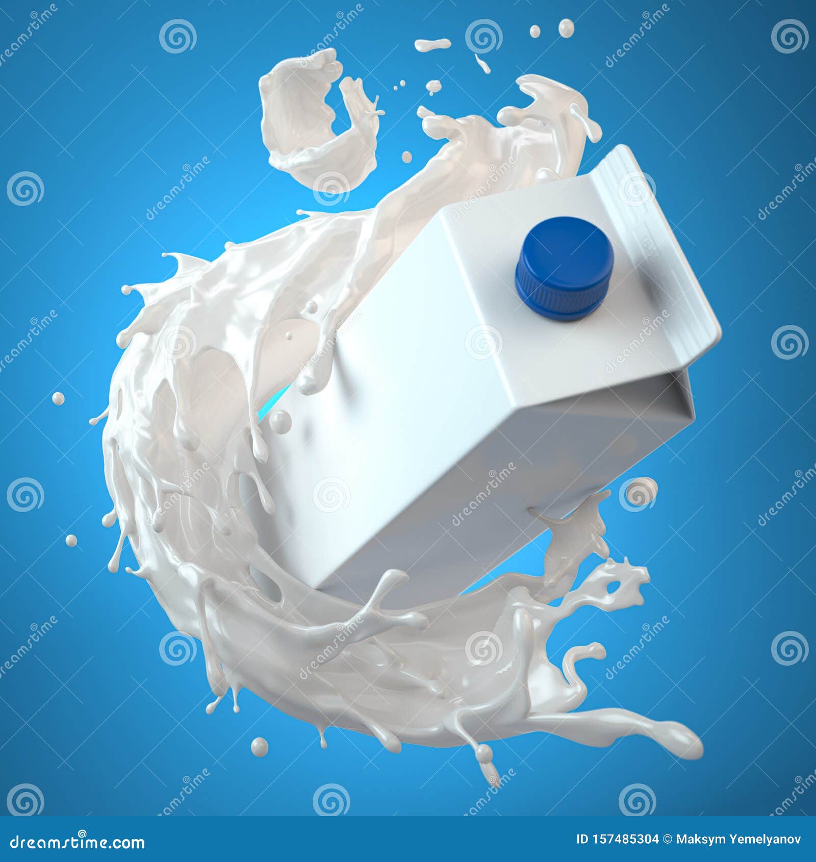 Tetra-Milchpackung Karton Oder Verpackung Und Milzspritze Auf Blauem ...