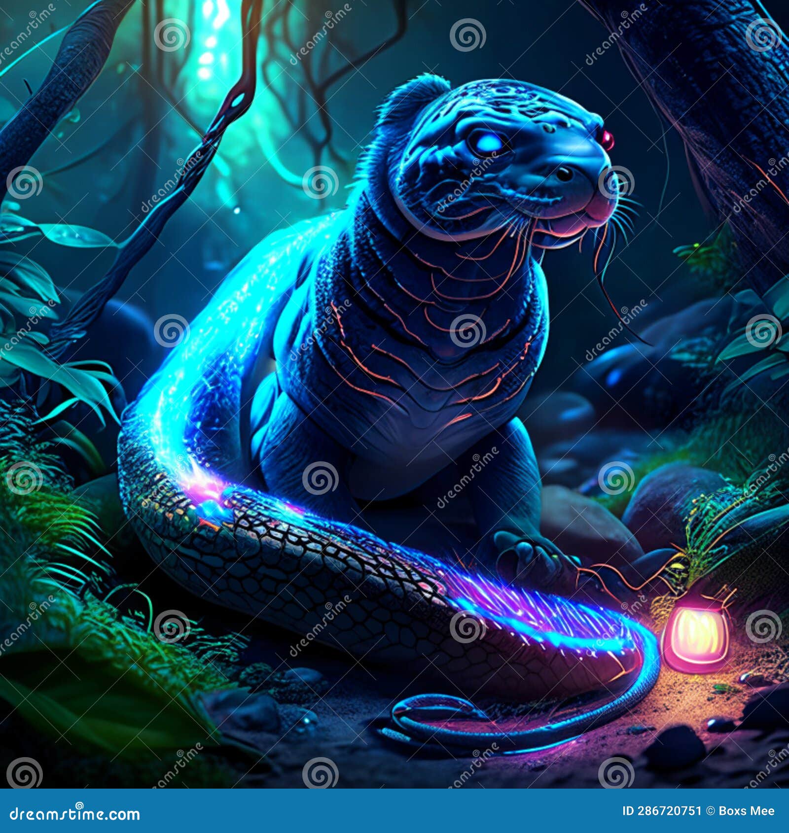 Tetrapod Lizard In The Dark Forest. 3d Rendering AI Generated Royalty ...