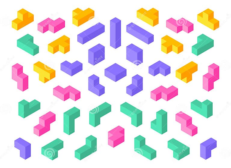 Tetris Shapes. Isometric 3D Puzzle Game Elements Colorful Cube Abstract Blocks Stock Vector ...