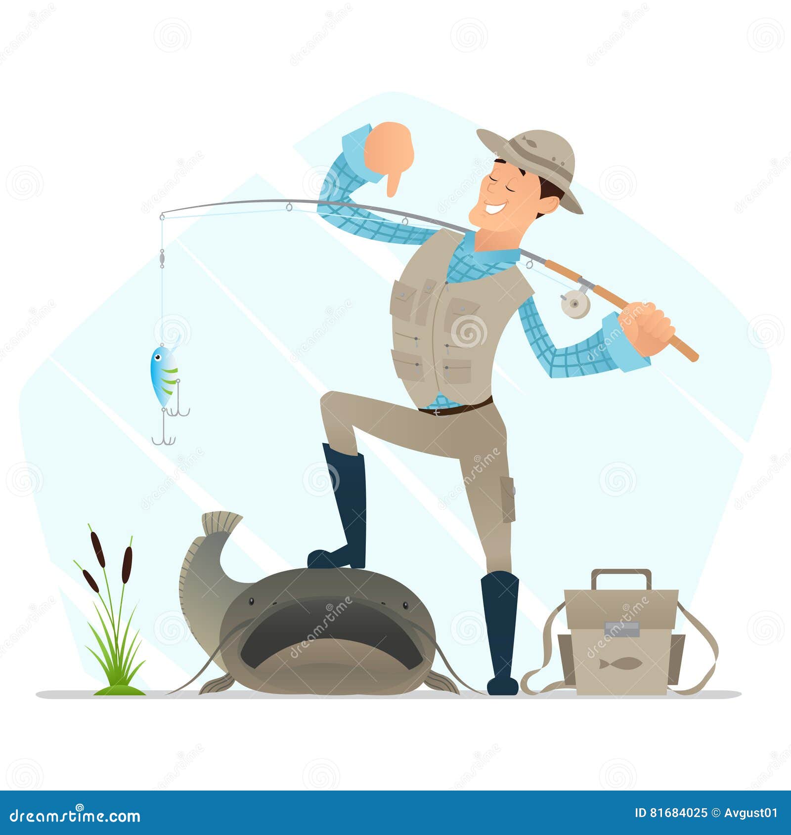 Tevreden visser met vissen vector illustratie. Illustration of gelukkig ...