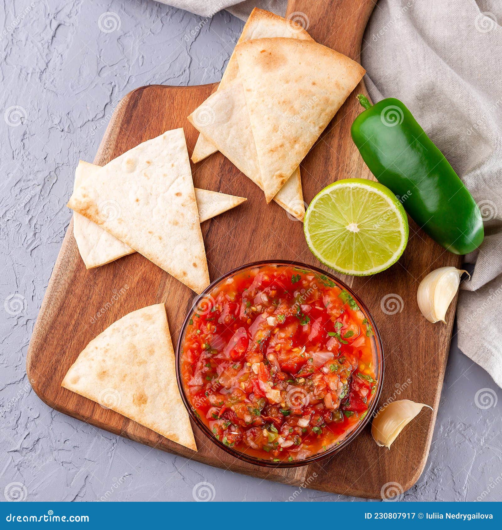 Tex-Mex Cuisine, Salsa Asada Sauce with Tortilla Chips and Lime, Top ...