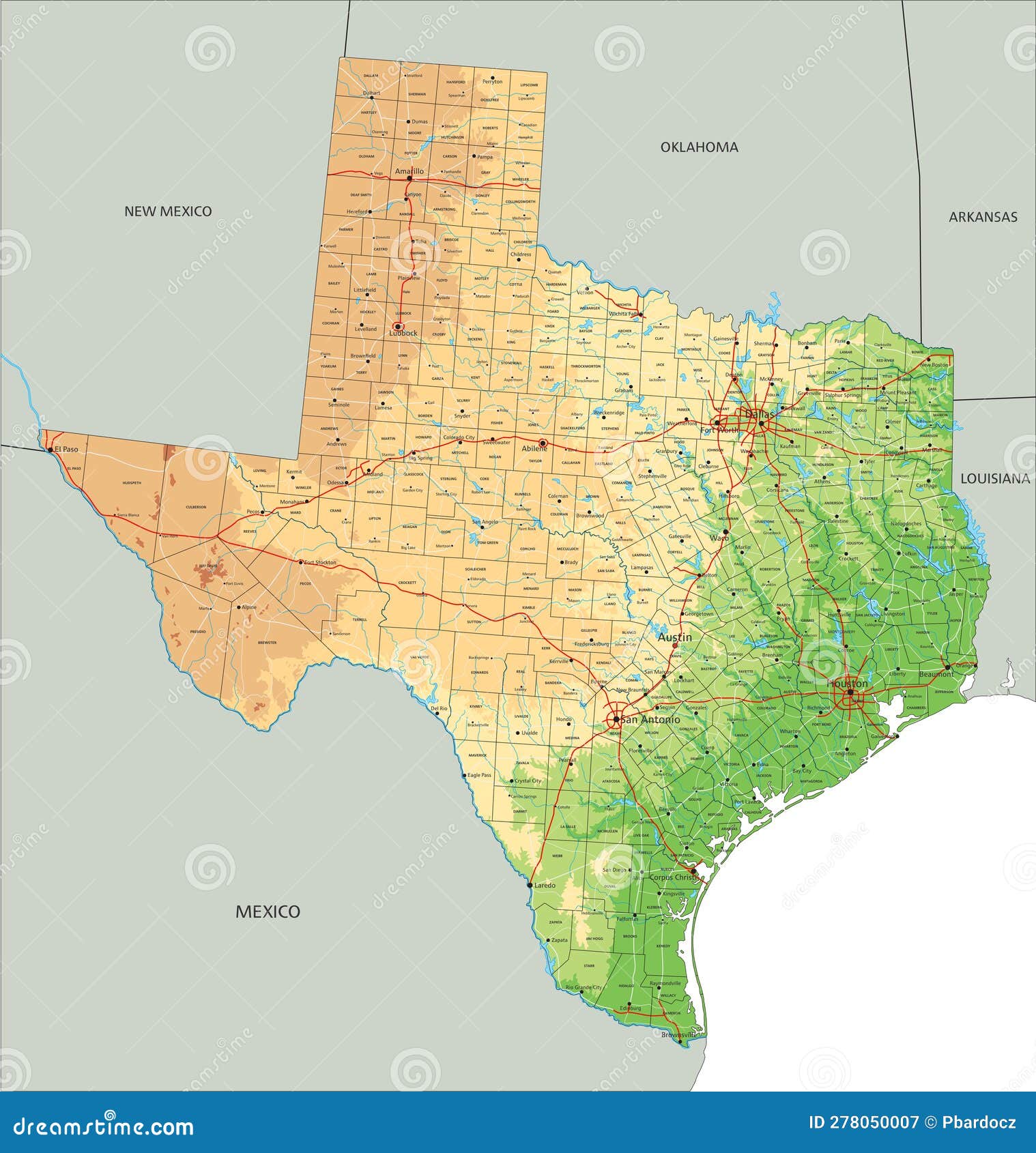 Detailed Texas Physical Map With Labeling. Vector Illustration ...