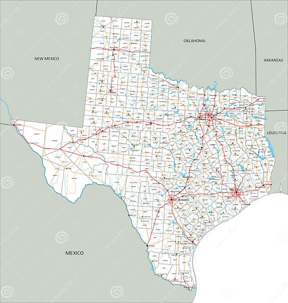 Detailed Texas Road Map with Labeling. Stock Vector - Illustration of ...