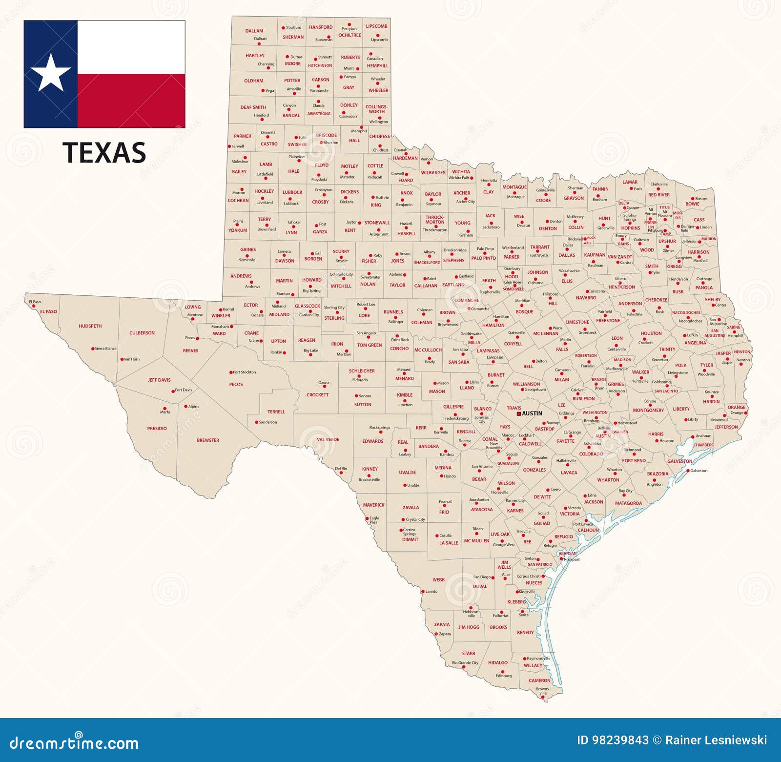 Texas Administrative and Political Vector Map with Flag Stock Vector ...