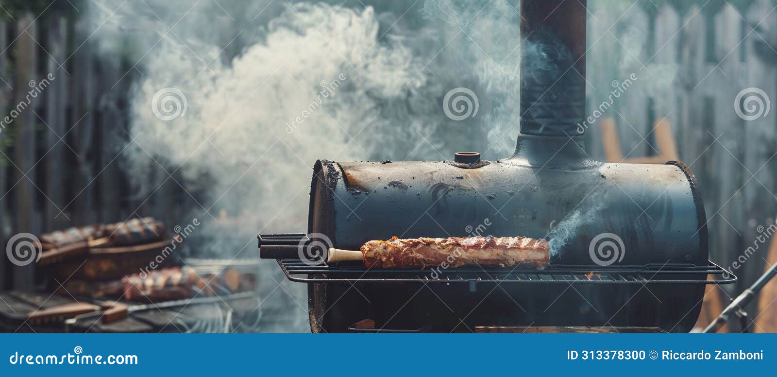 Texas Charcoal Offset Smoker during Backyard Cookout Stock Photo ...