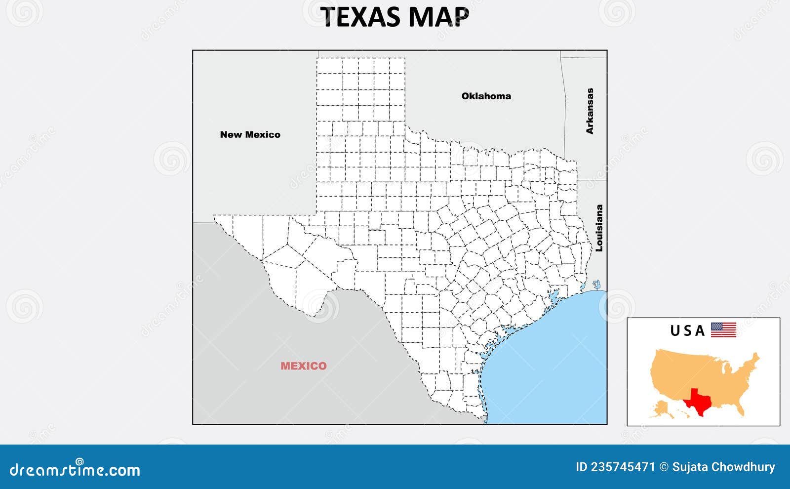 Texas Map. Political Map of Texas with Boundaries in Outline Stock ...