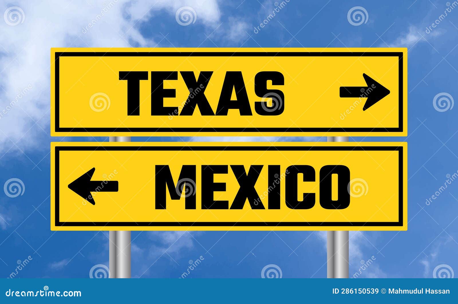 Texas or Mexico Road Sign on Cloudy Sky Background Stock Image - Image ...