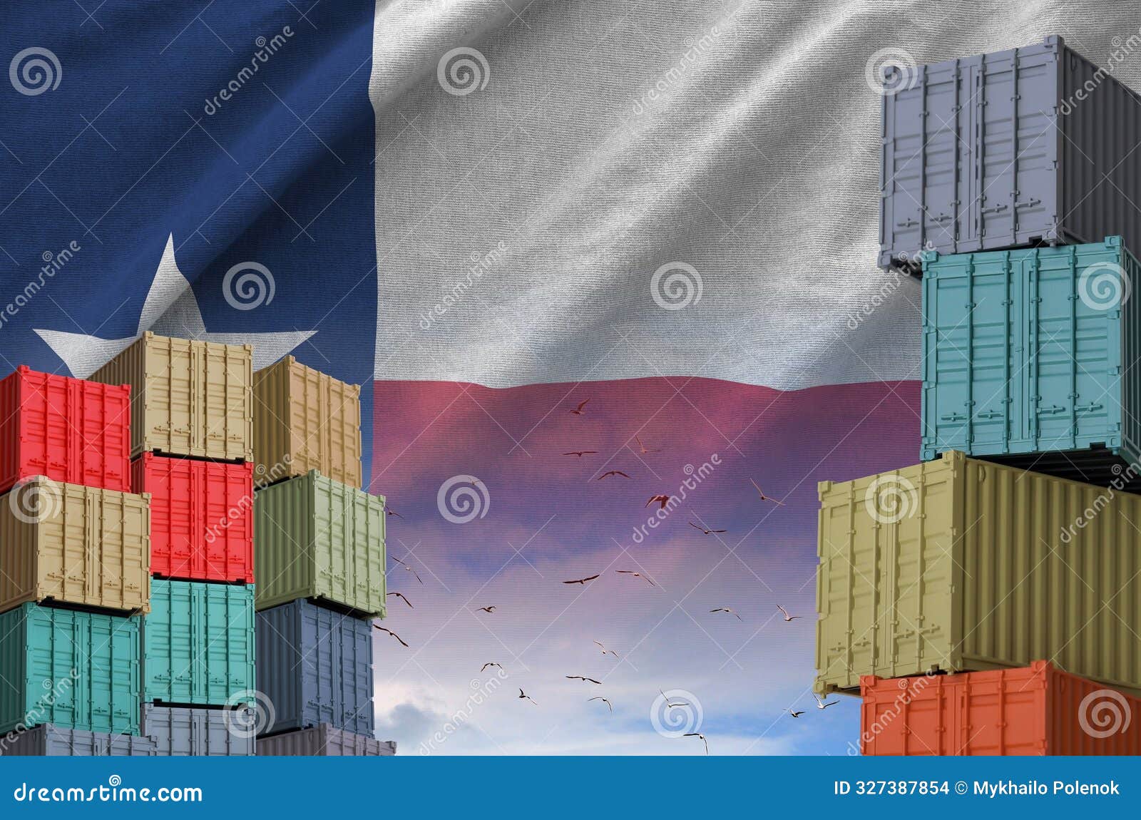 Texas US State Flag and Big Stack of Shipping Cargo Containers in Docks ...