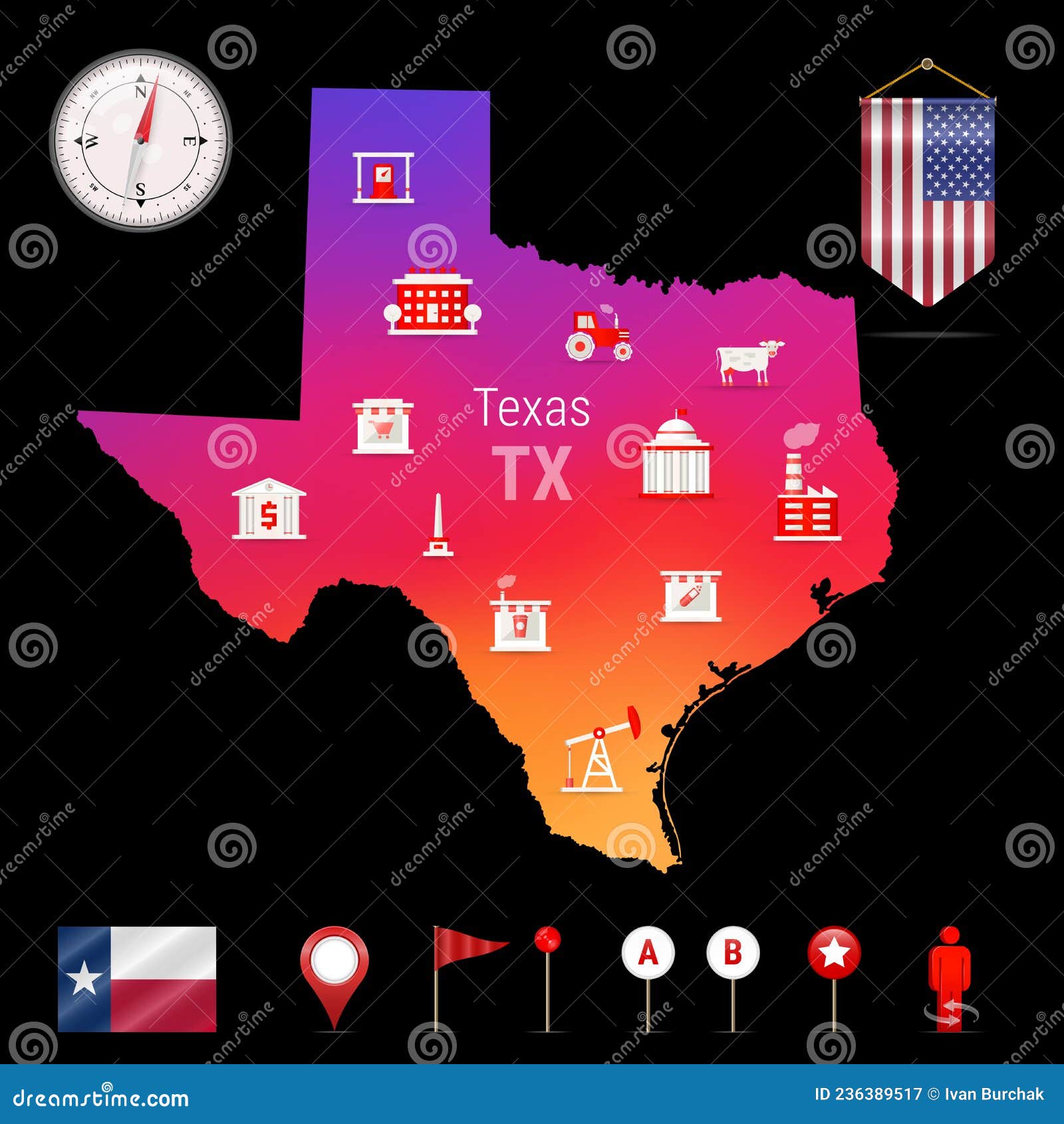 Texas Vector Map, Night View. Compass Icon, Map Navigation Elements ...