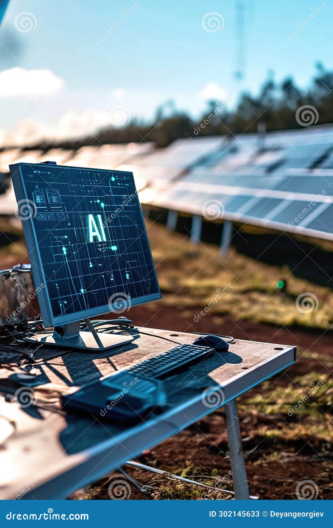 Text AI Displayed on Computer Control Panel Screen, Many Solar Panels ...