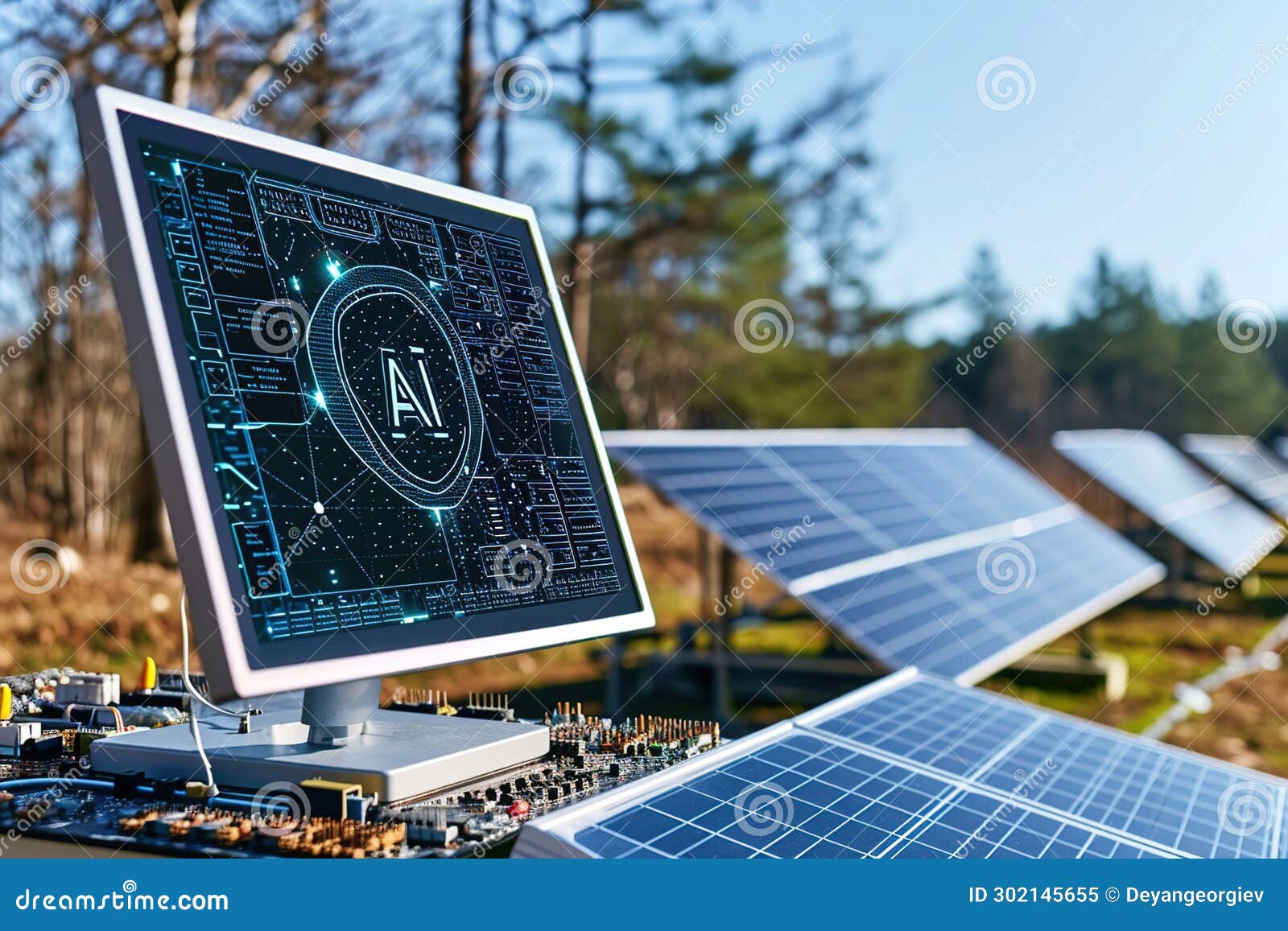 Text AI Displayed on Computer Control Panel Screen, Many Solar Panels ...