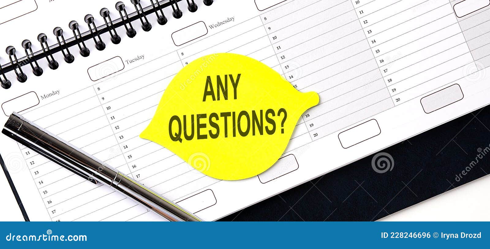 Text ANY QUESTIONS , on the Yellow Sticker on the Planning Stock Photo ...