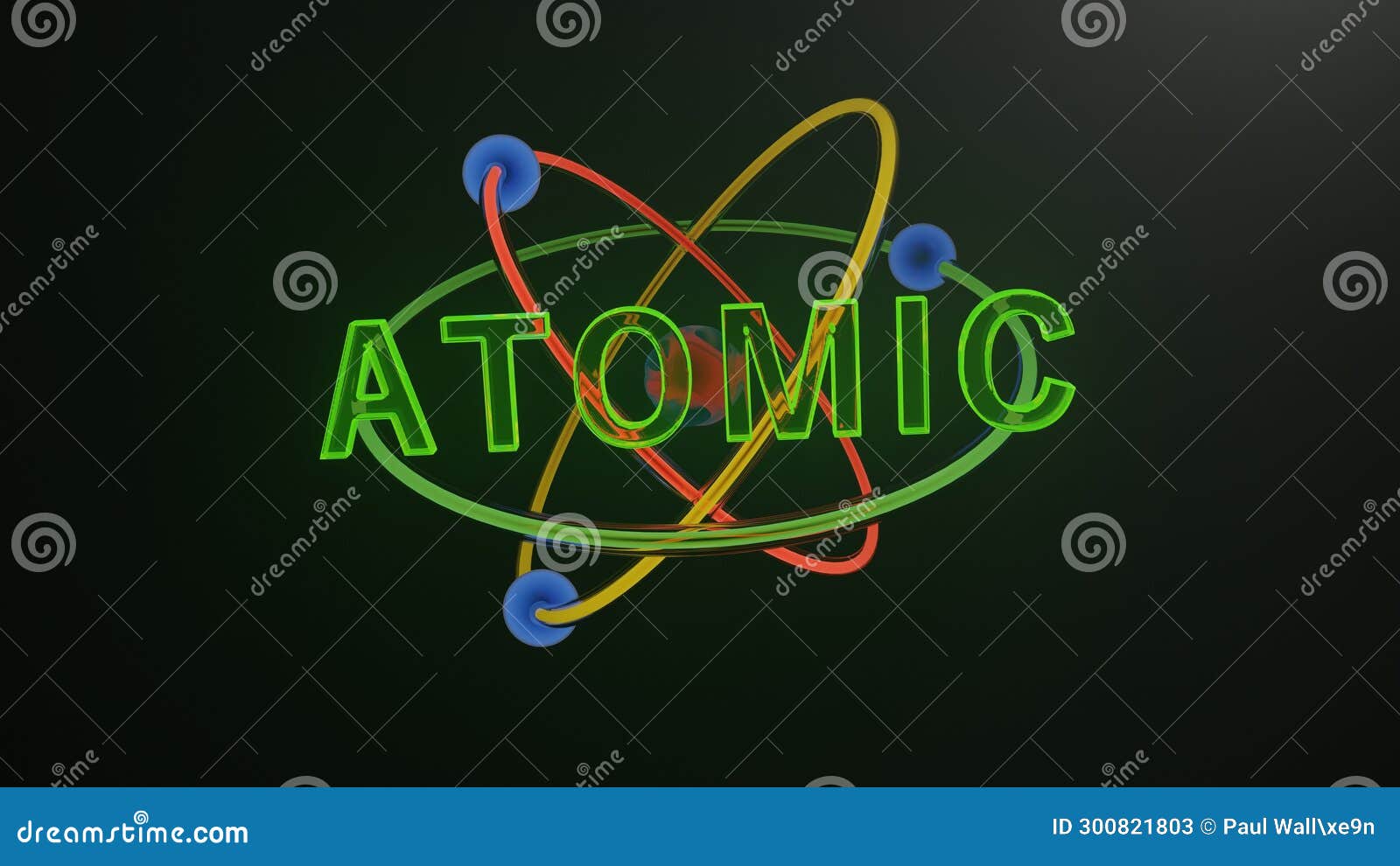 Text "ATOMIC" with an Atom. 3D Rendering. Stock Illustration ...