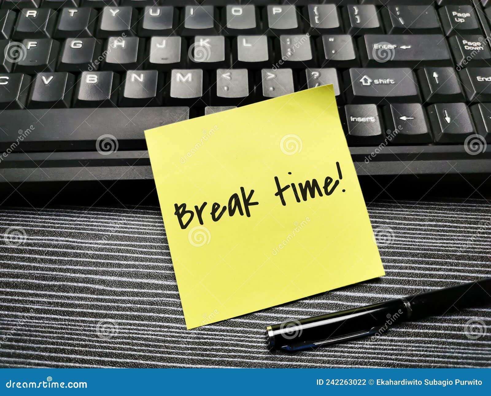 Text Break Time Written on Sticky Note with a Pen and Computer Keyboard ...