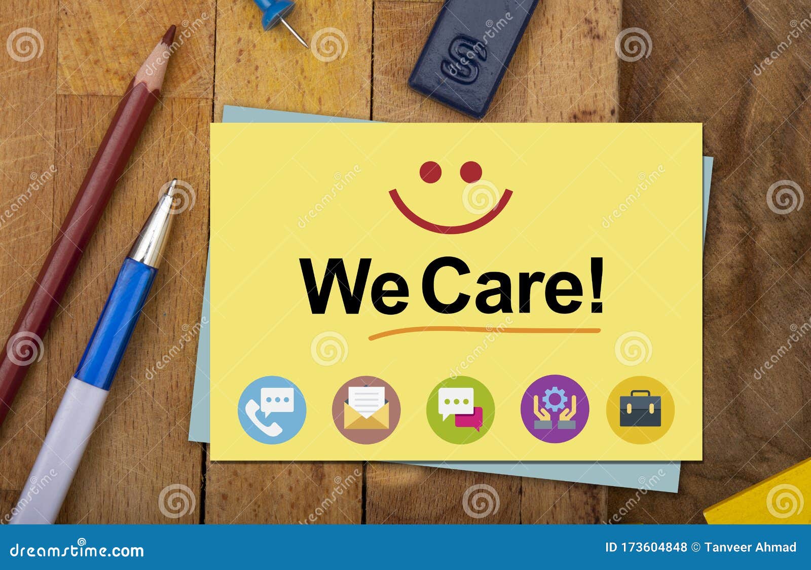 Cusotmer Service Sign we Care Wrriten on Note Pad with Stationery Stock ...