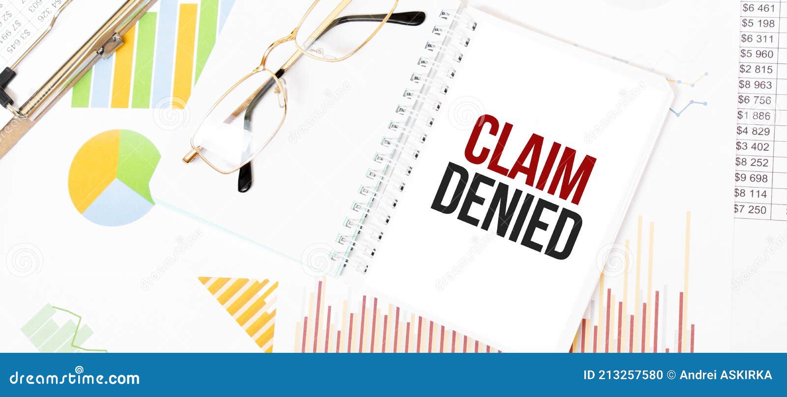 Text CLAIM DENIED on White Notepad, Glasses, Graphs and Diagrams Stock ... Text CLAIM DENIED on White Notepad, Glasses, Graphs and Diagrams Stock ...