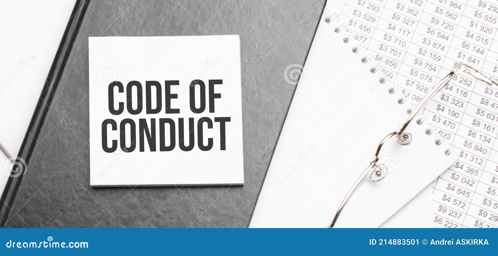 Text Code of Conduct on Notepad with Office Tools, Pen on Financial ...