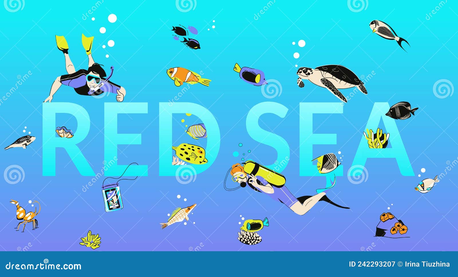 Text Composition Red Sea. Divers, Exotic Fish and Corals. Vector ...