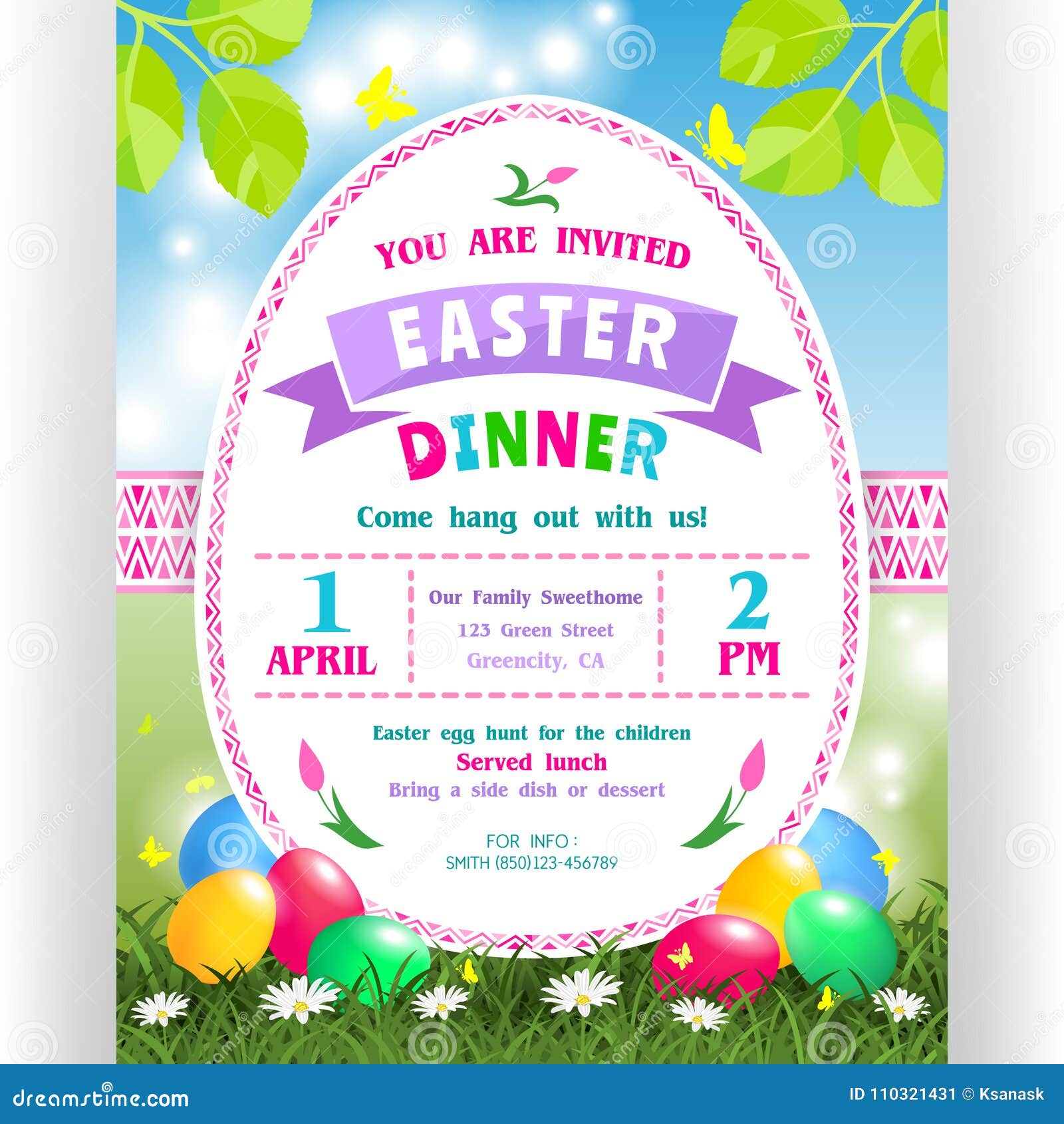 Easter Dinner Announcing Poster Template with Colorful Eggs in Grass ...
