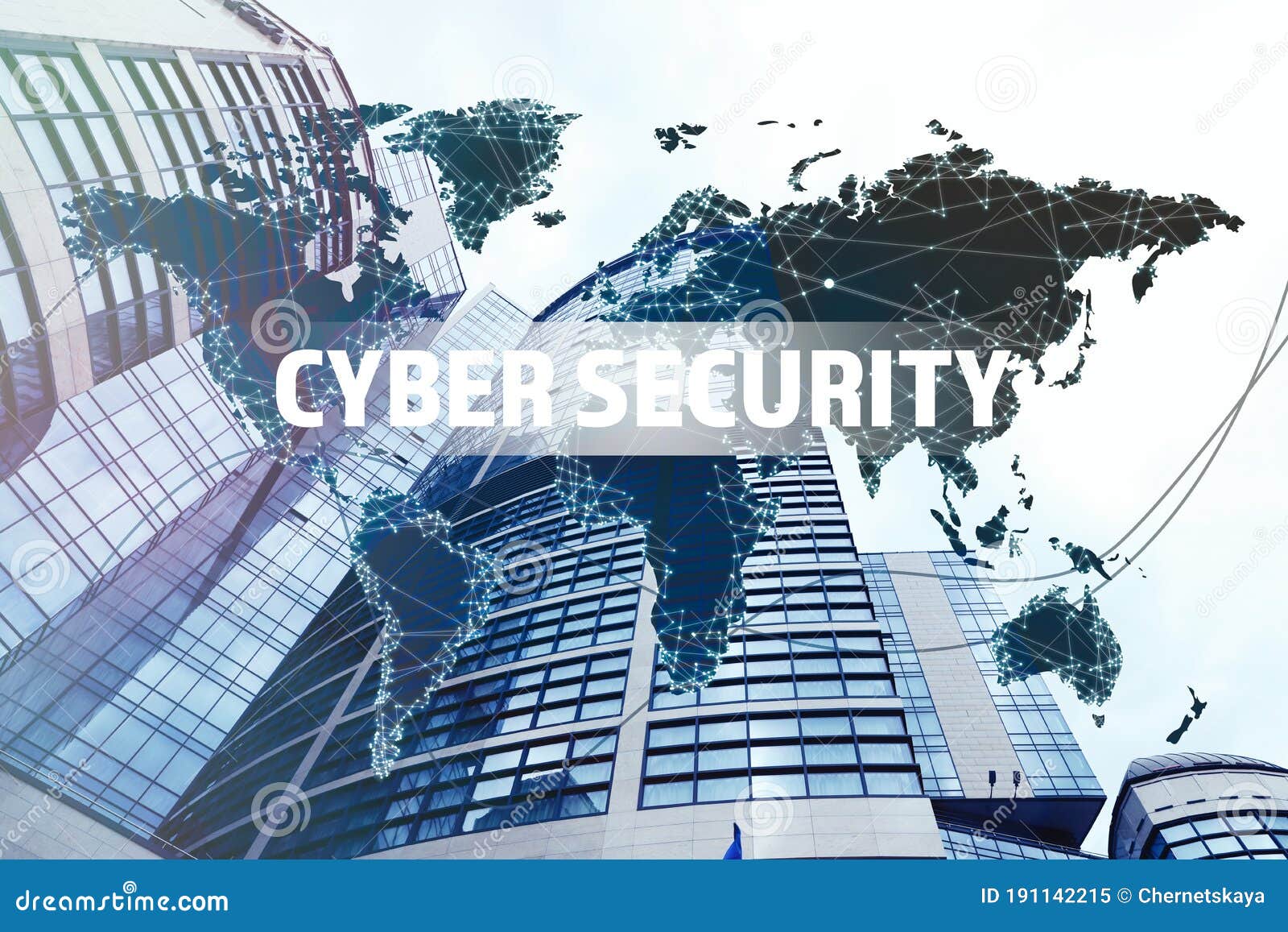 Text CYBER SECURITY, World Map and Buildings on Background Stock Image ...
