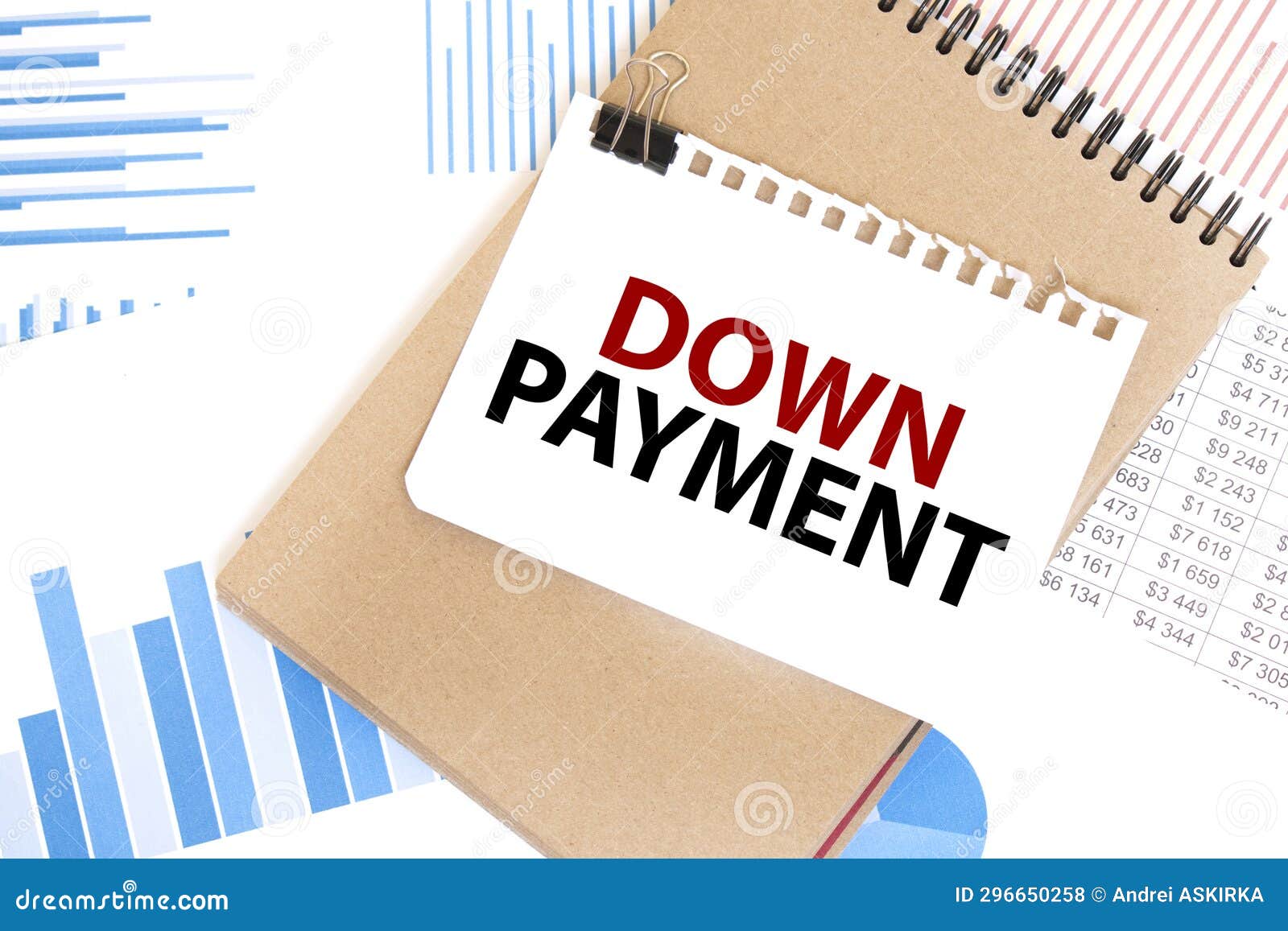 Text DOWN PAYMENT on White Paper Sheet and Brown Paper Notepad on the ...