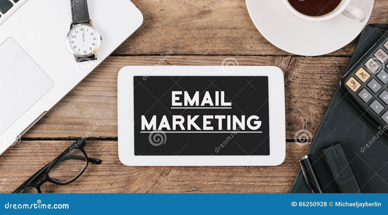 Text Email Marketing On Screen Of Table Computer At Office Desk Stock ...